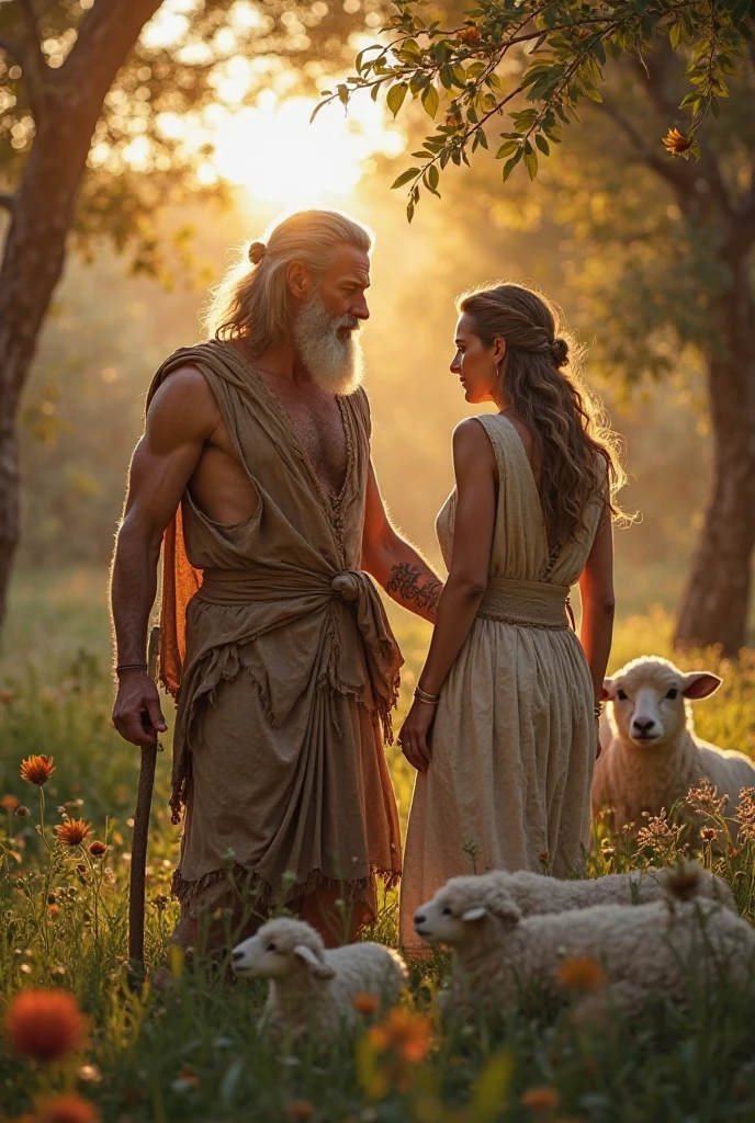 Ultra scene realistic showing 50-year-old Adam and Eve, living in ...