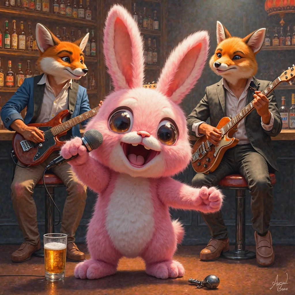 Cute pink rabbit singing with a stand microphone、 drunk who exposes his ...