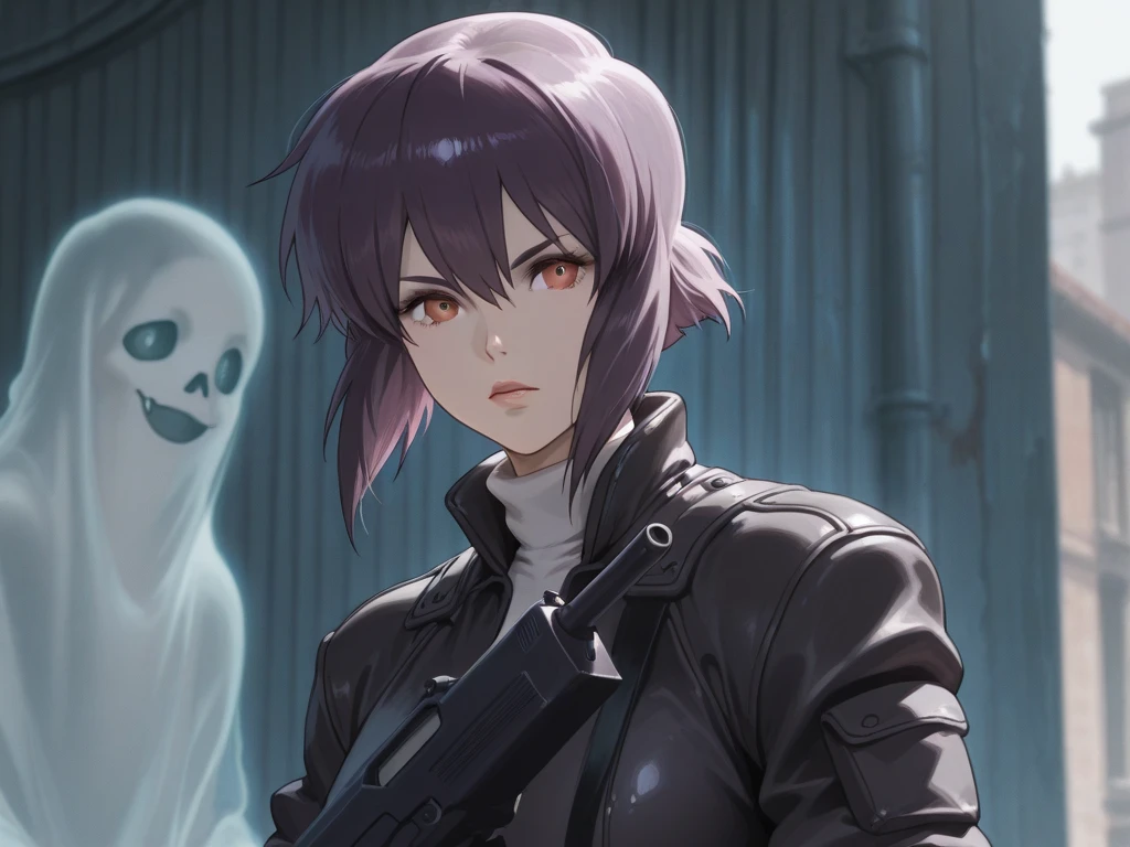Ghost in the Shell、Motoko Kusanagi、 hold up a gun、Around town - SeaArt AI