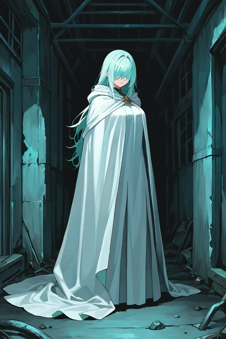 (1girl, solo)banshee, long hair, light teal hair, hair covered eyes ...
