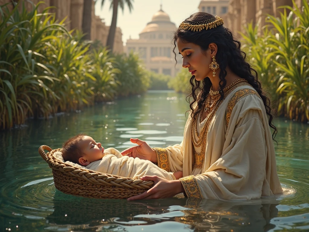 Baby Moises floating in the river in a basket, And the princess of ...