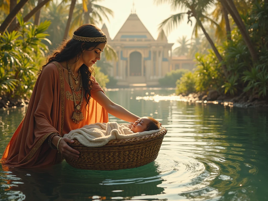 Baby Moises floating in the river in a basket, And the princess of ...