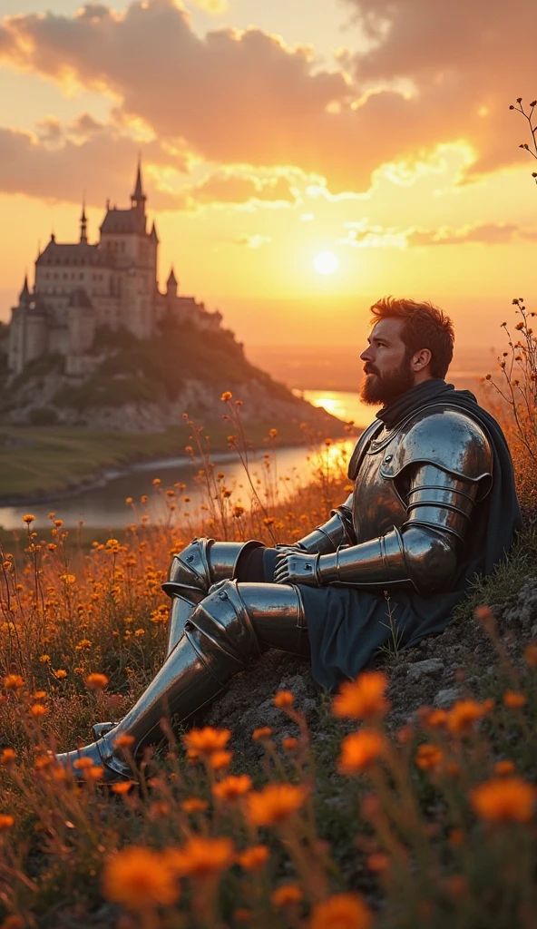 "A medieval knight fully clad in shining armor rests in a field of wild ...
