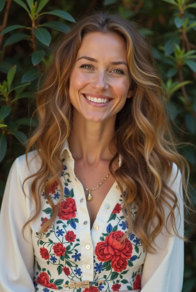 A hobbit like smiling woman with long hair and a white shirt with red ...