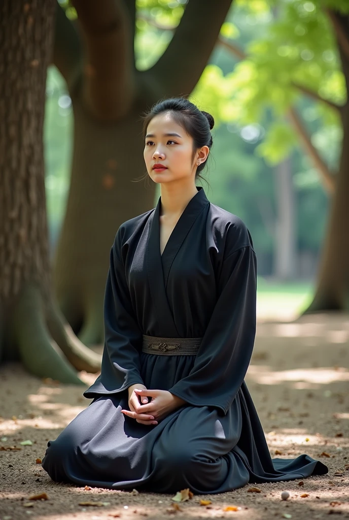 Kneeling pose, relaxed posture, long traditional attire in dark color ...