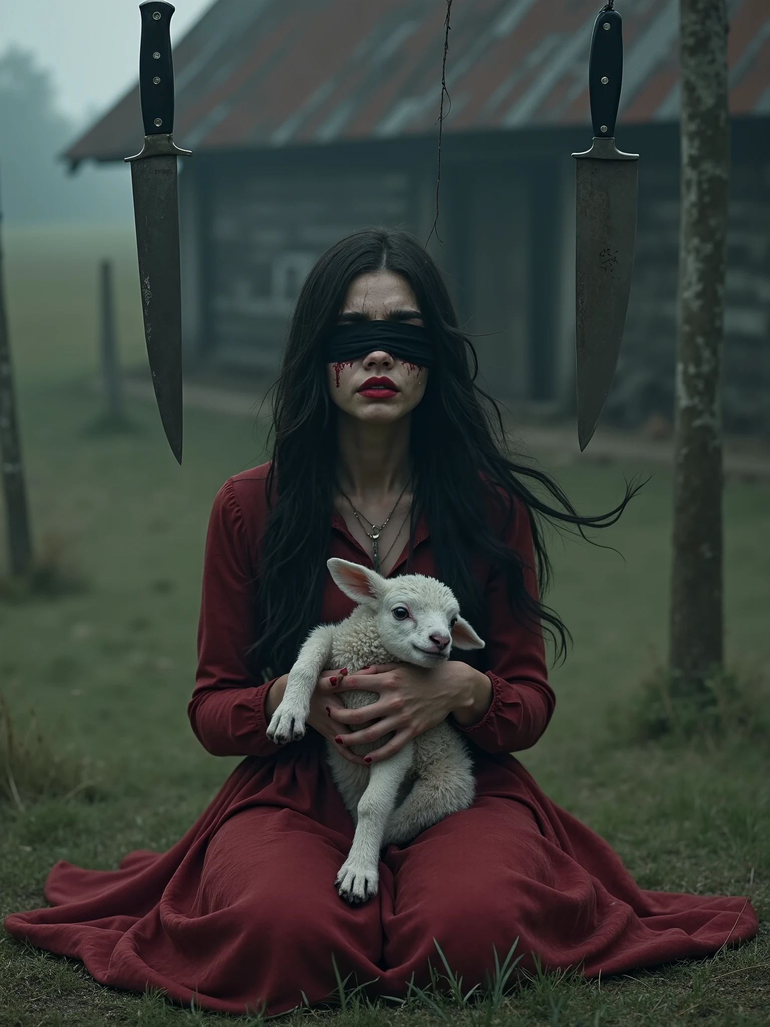 Woman in red dress holding a lamb in front of a barn - SeaArt AI
