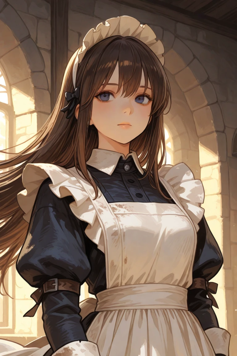 A maid/servant girl from medieval era, pretty, with a long straight ...