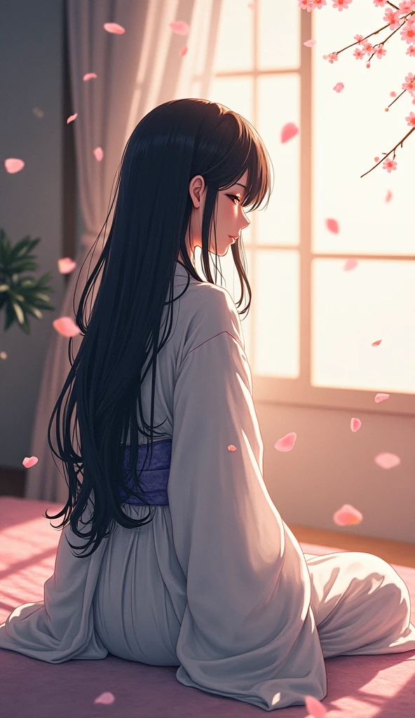 Anime picture, woman's room, expressionless, closed eyes, black hair ...
