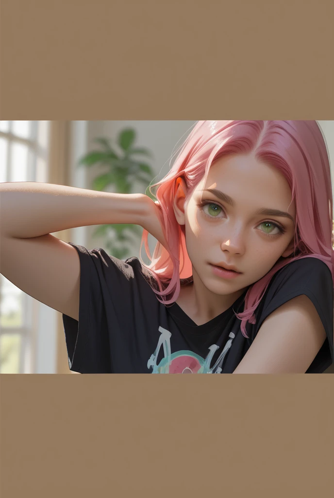 Pink hair , Please Green Eyes, features like the reference photo - SeaArt AI