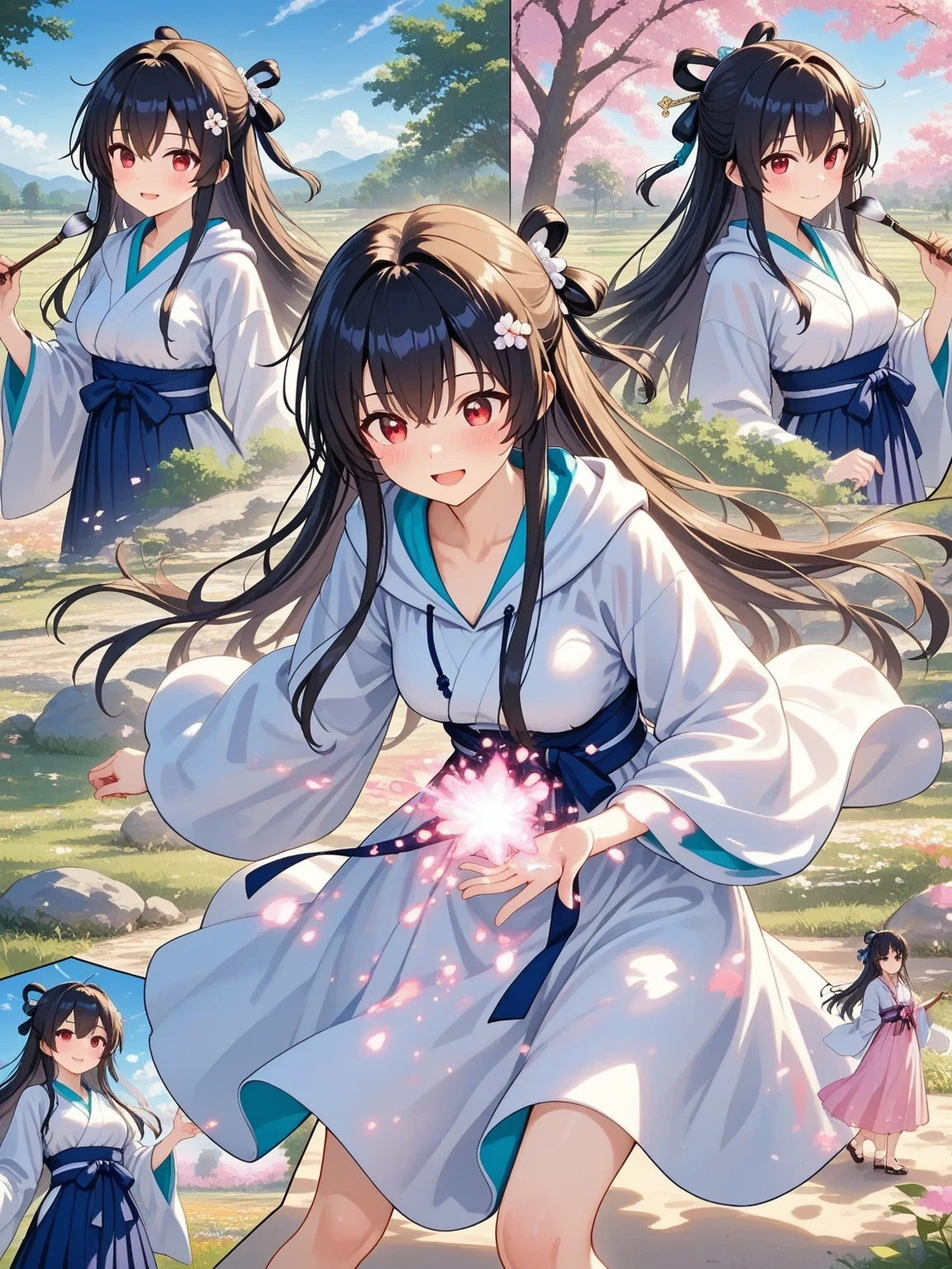 Ink-metaverse collapsing sakura field, maiden's robe oscillating ...