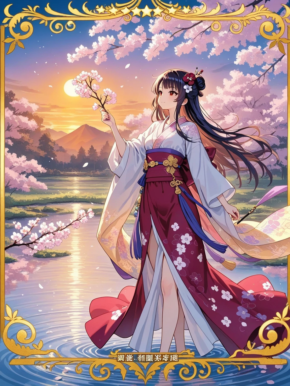 Yoshino cherry groves in the twilight of spring The dark gold flowing ...