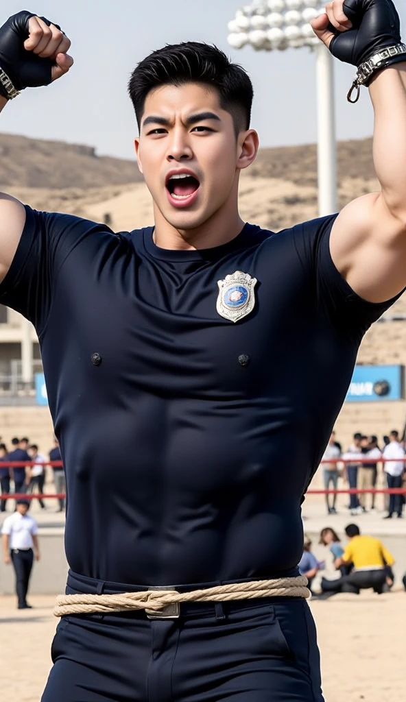 A handsome Korean man kneeling wearing a navy blue short-sleeved round ...