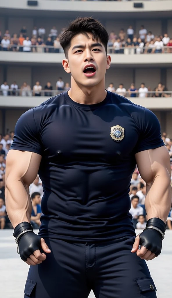 A handsome Korean man kneeling wearing a navy blue short-sleeved round ...