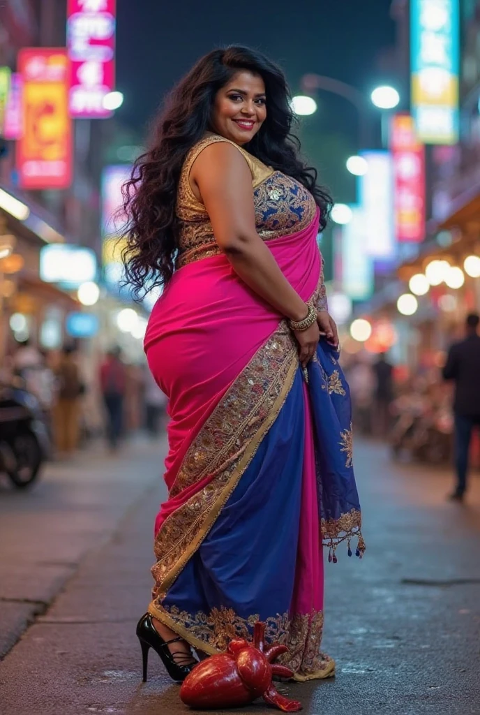 Updated Prompt: "A heavily curvy Indian woman with a pronounced plus ...