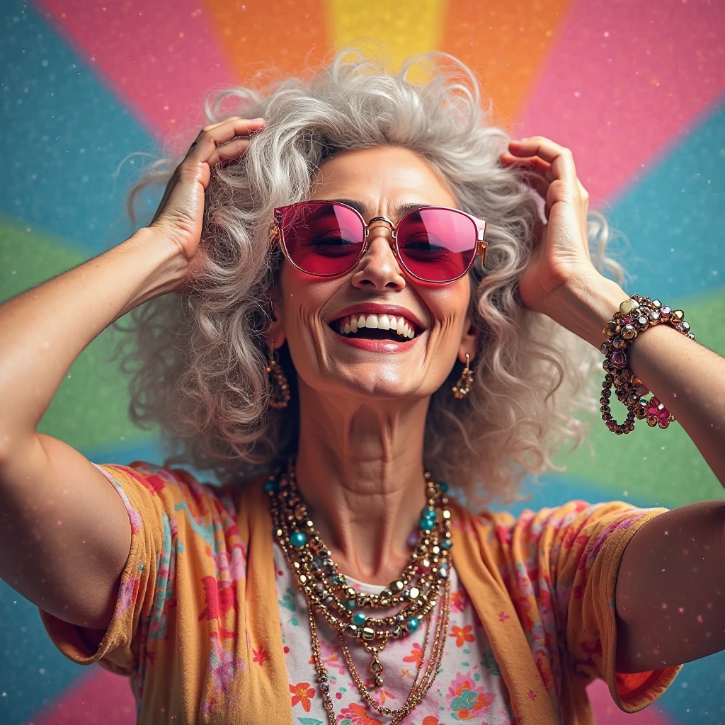Funky old lady with punch perm I'm wearing colored sunglasses - SeaArt AI