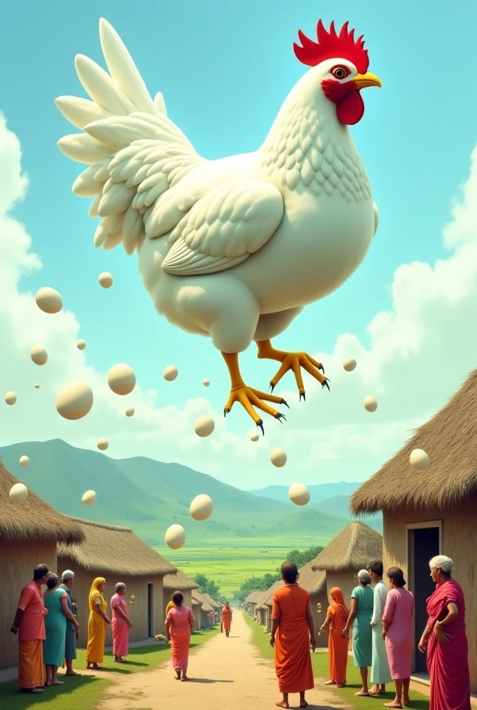 "A giant white hen with large wings is flying in the sky, appearing ...
