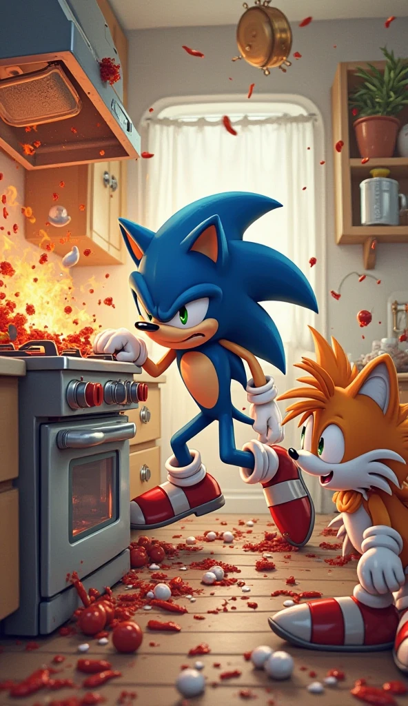 A comedic kitchen disaster scene! Sonic, still in super-speed mode ...