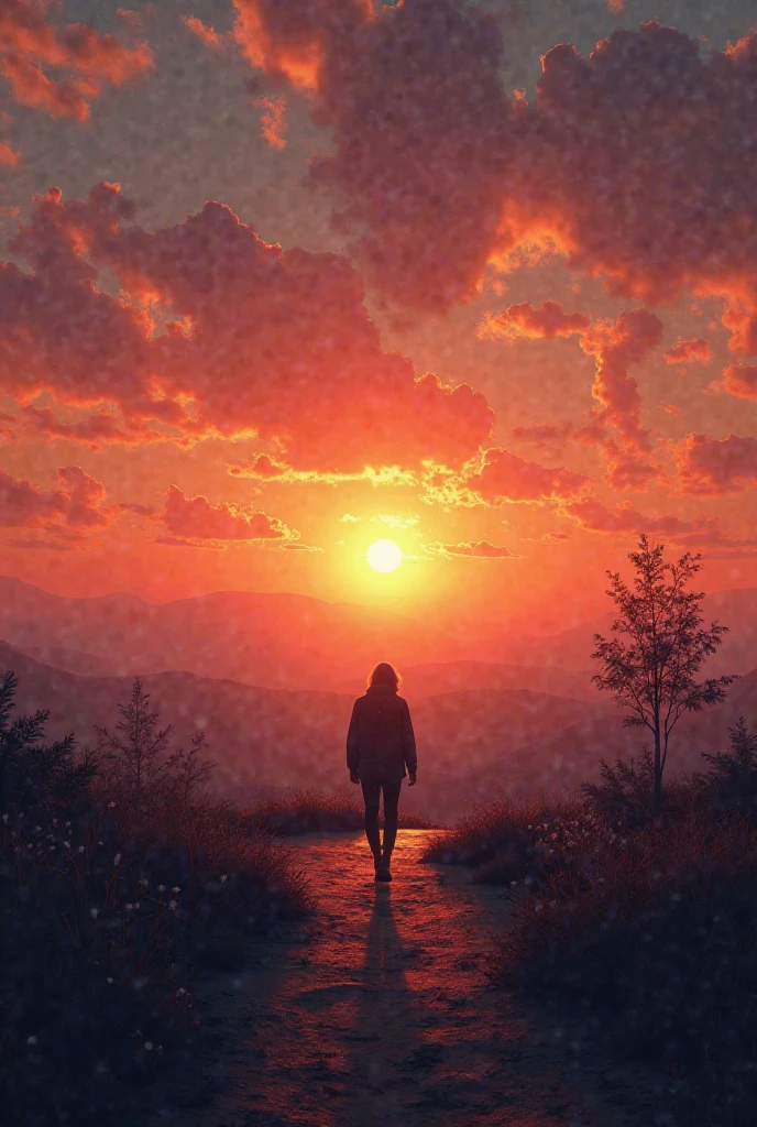 A sunset, with a sky tinged with oranges and purples, where a solitary ...