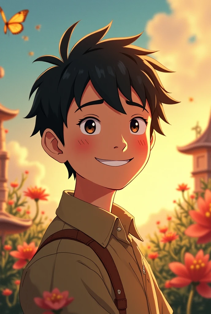 A portrait of a smiling man in Studio Ghibli style, soft warm lighting ...