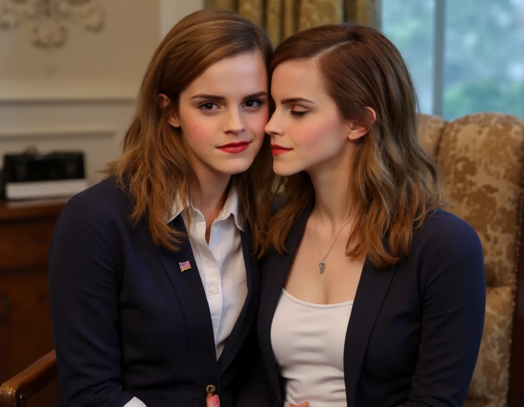 Realistic face two headed Emma Watson with brown hair and brown eyes a ...