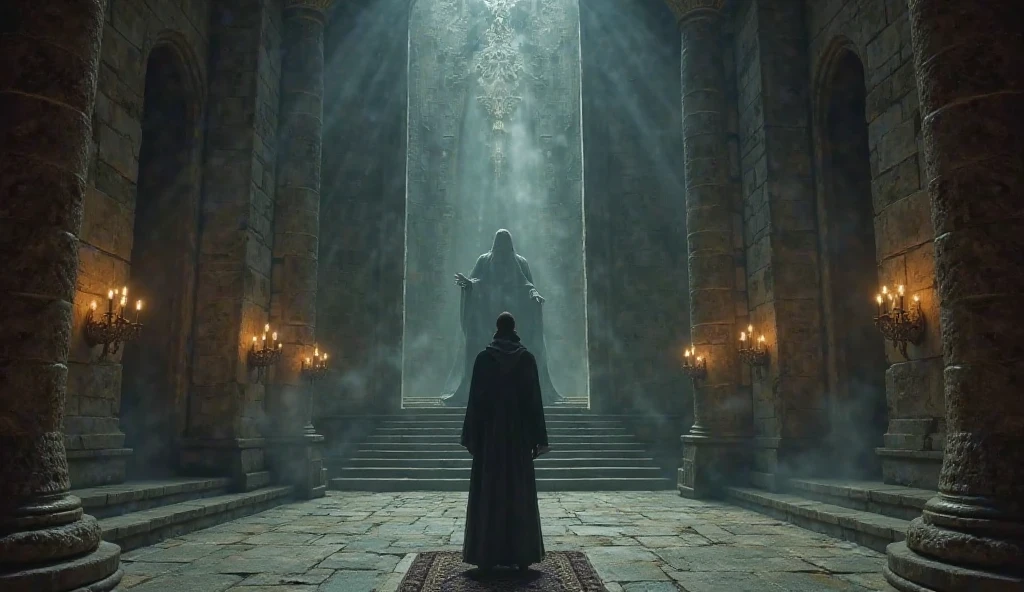 "Anil stands in a grand yet eerie throne room, with the sinister king ...
