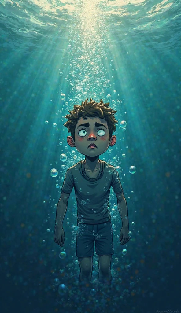 "Cartoon-style illustration of a person sinking into deep water - SeaArt AI