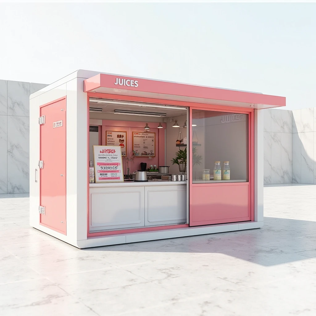 A modern, compact takeaway juice kiosk named 'Juices,' designed as a 16 ...