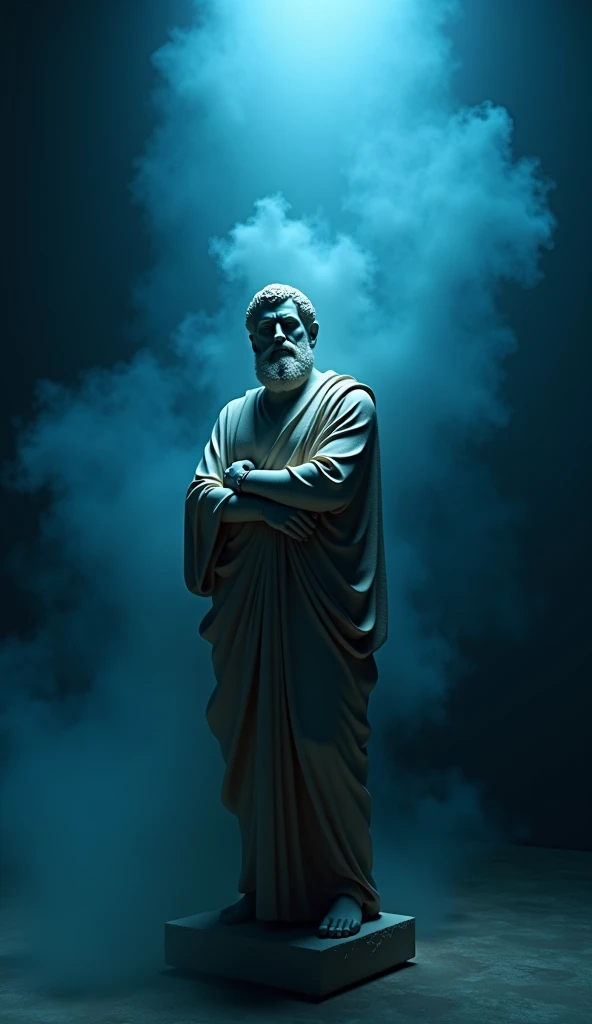 Half-zoomed statue of Epictetus in a dark room with smoke and a faint ...