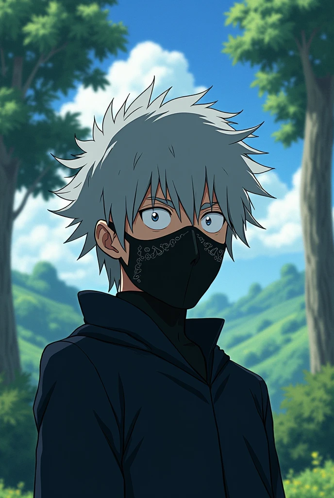 Please make a Ghibli style male character with gray hair and a black ...
