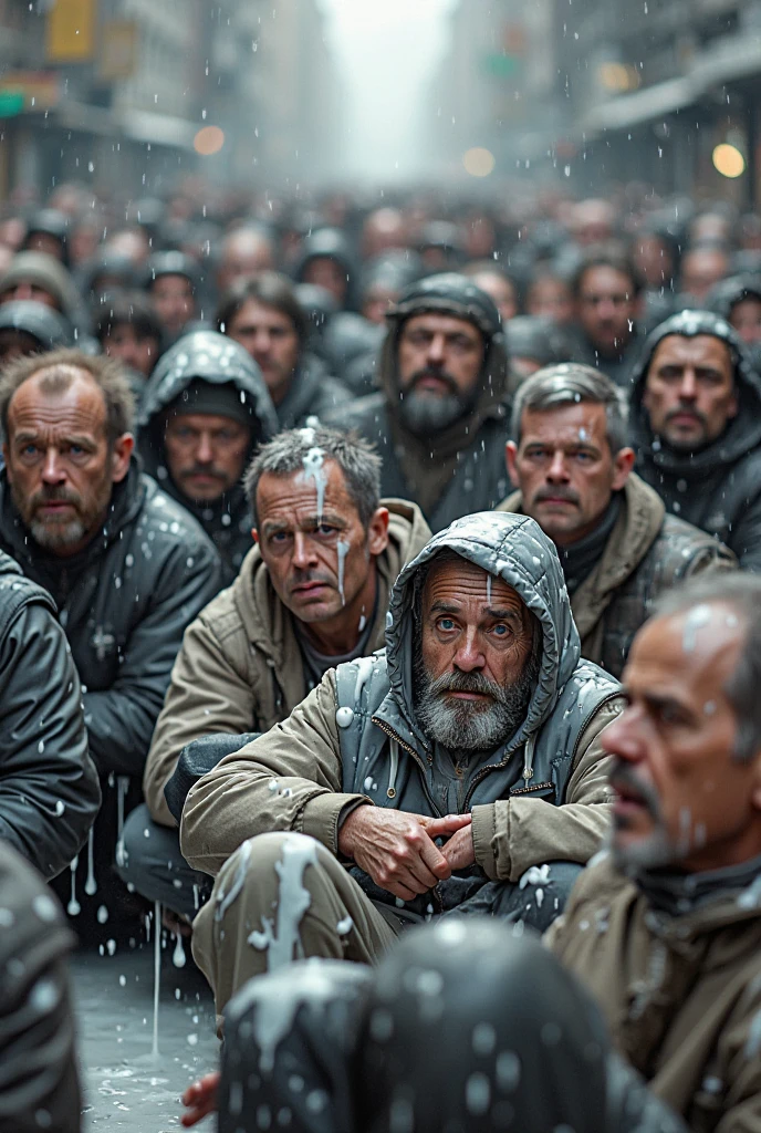 Crowd of homeless people covered in milk - SeaArt AI