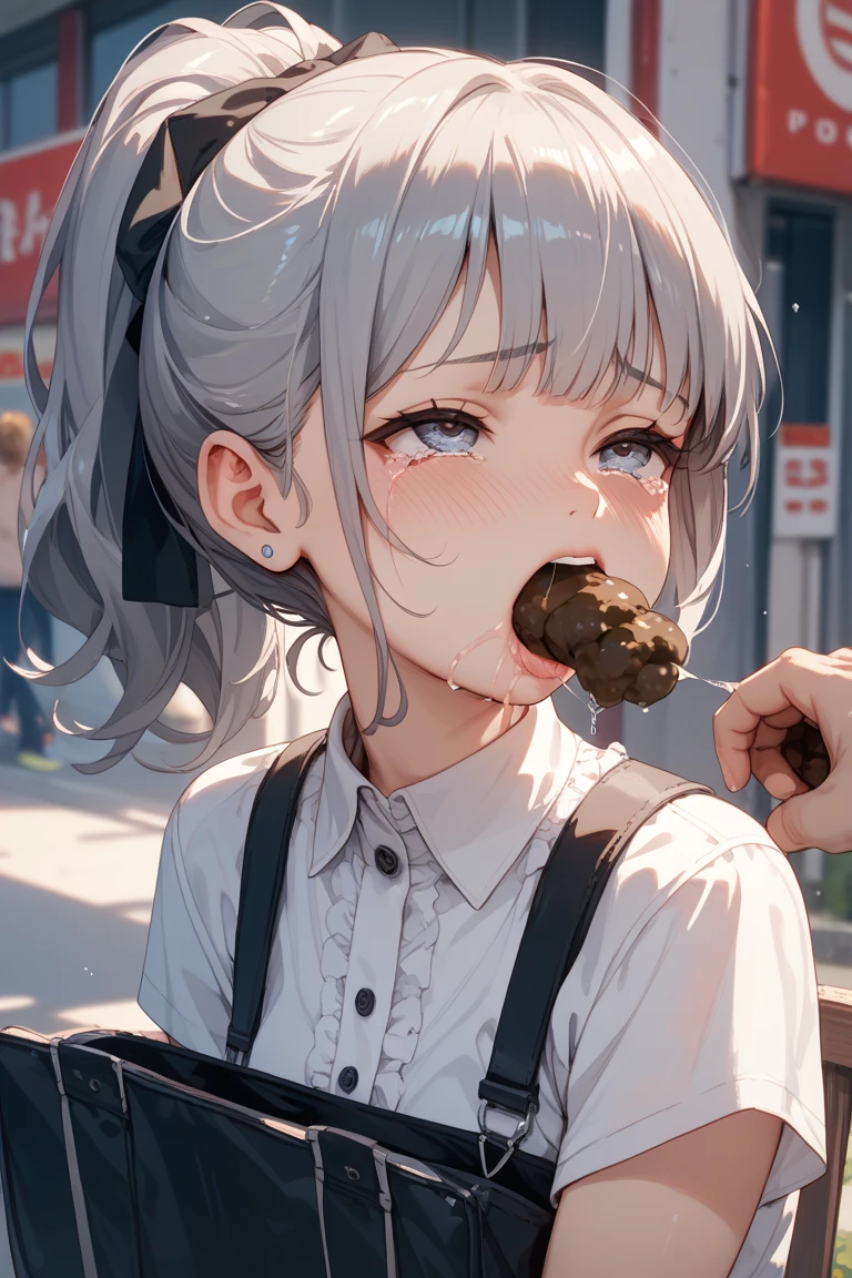 Female。Vomiting profusely while crying in the street。Poop drip - SeaArt AI