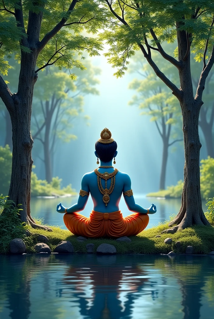Krishna under the three doing meditation near river - SeaArt AI