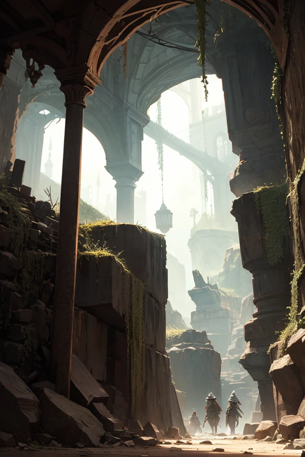 Medieval fantasy, dark cave, close view, many scared poor people slaves ...