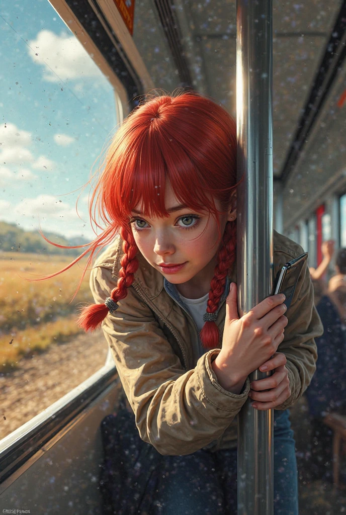 A red-haired girl tying two braids is holding a phone and clinging to a ...