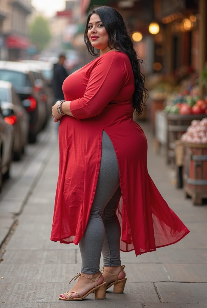 A beautiful American plus size chubby woman is wearing Kurti leggings Churidar T - SeaArt AI