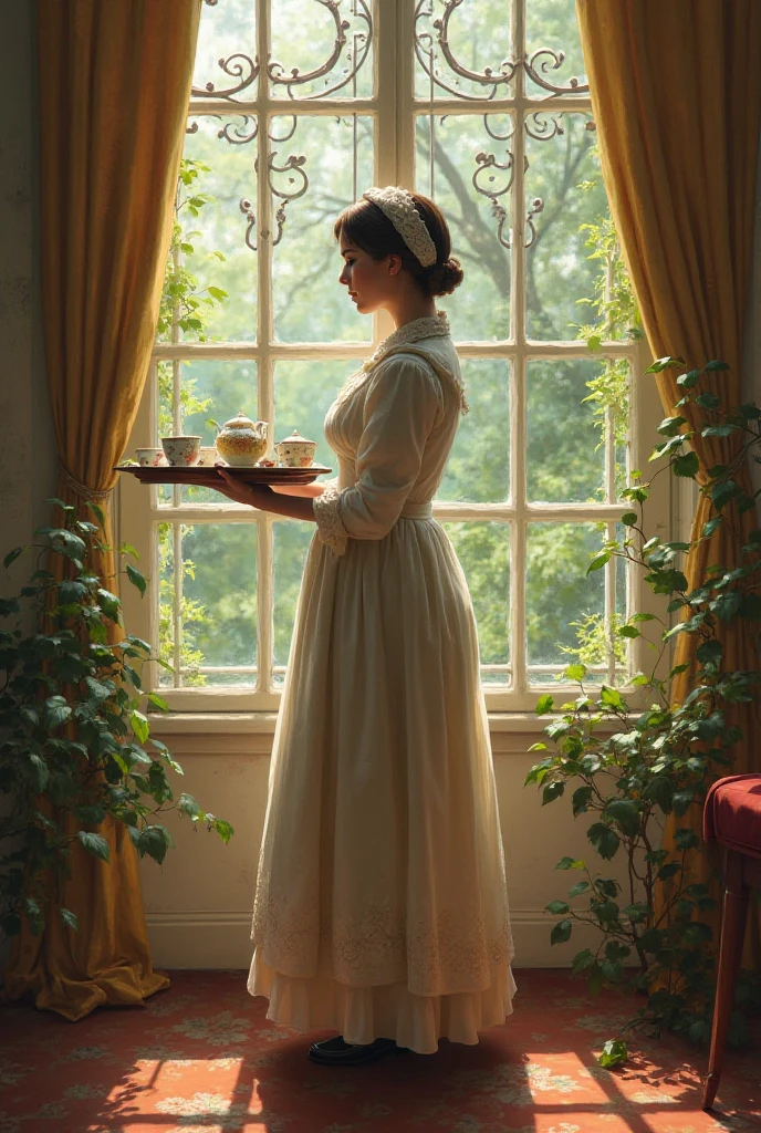 A nineteenth-century maid with wine skin stands in front of a window ...
