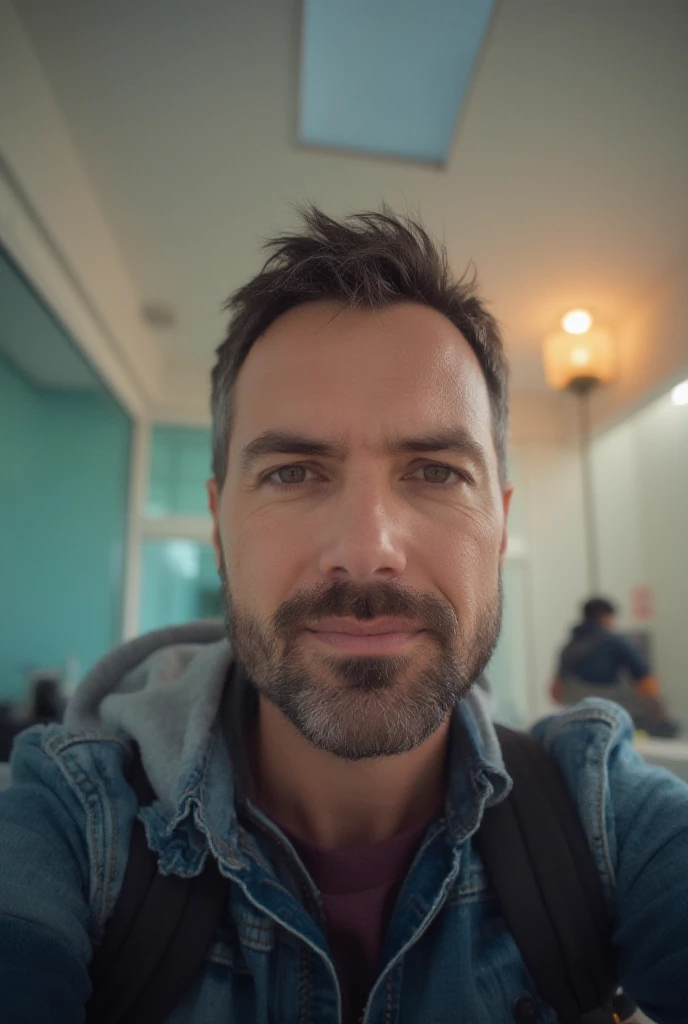 Photography of a man, eye-level shot, centered subject, direct ...