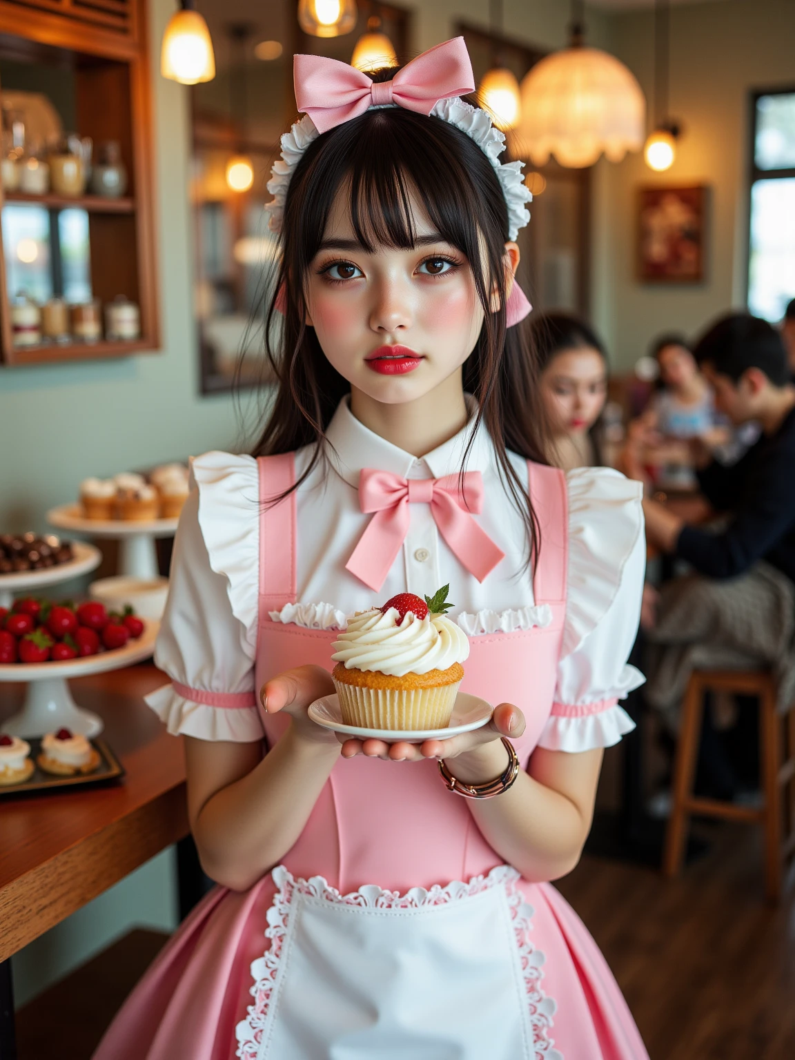 A young woman in a pink and white maid-style waitress uniform with a ...