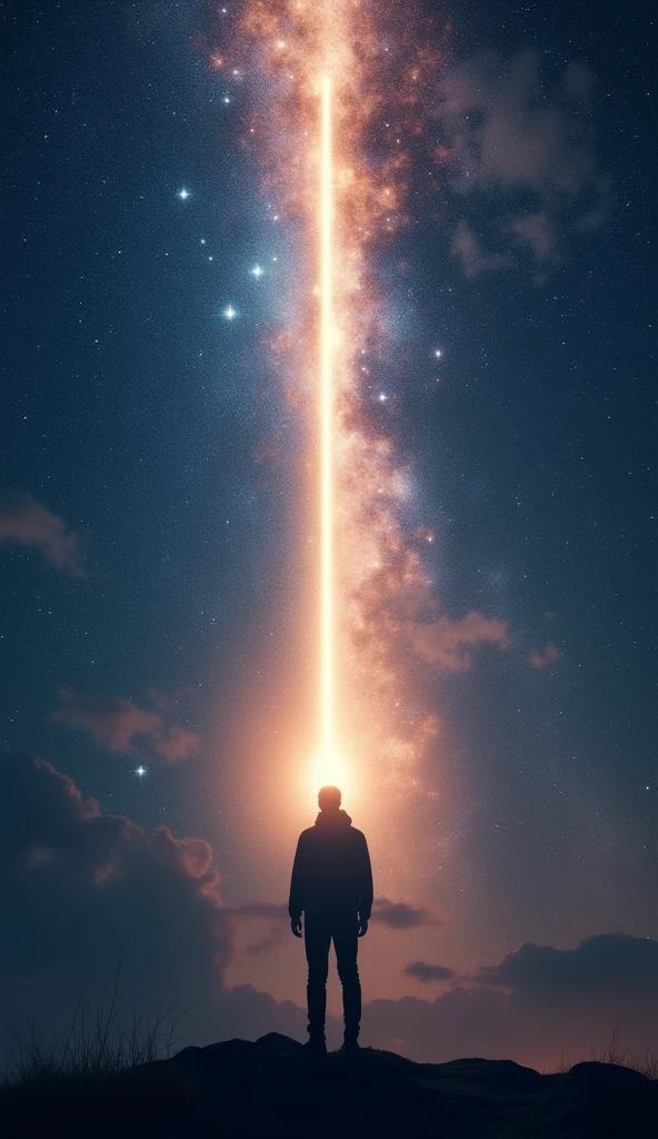 A silhouette of a person standing against a vast cosmic sky filled with ...