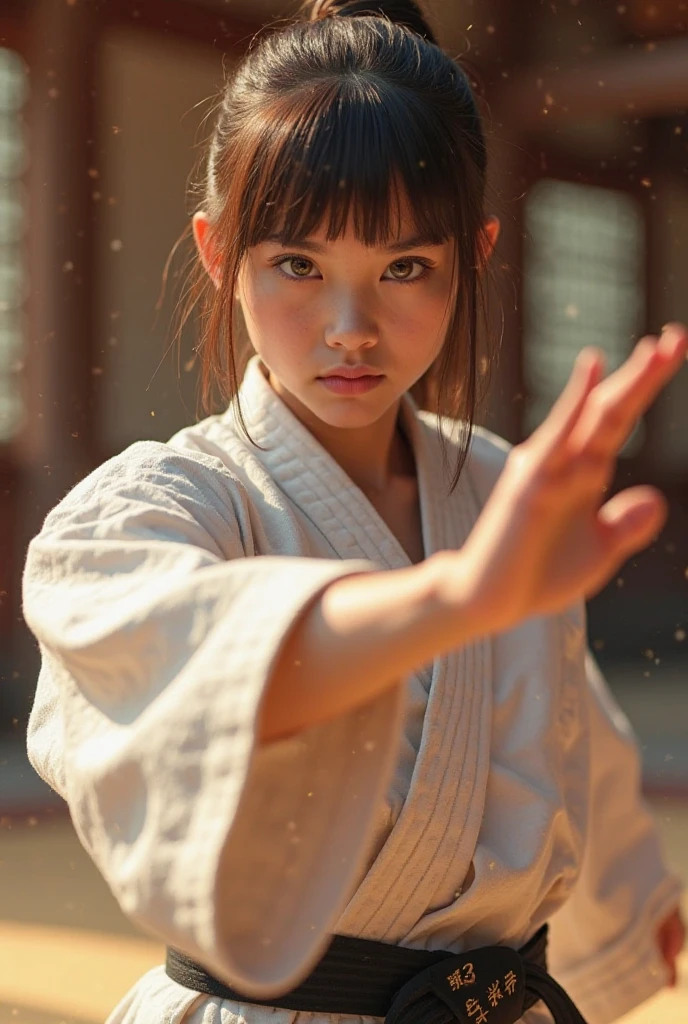 Shotokan style karateca with straight brown hair and bangs, decisive ...