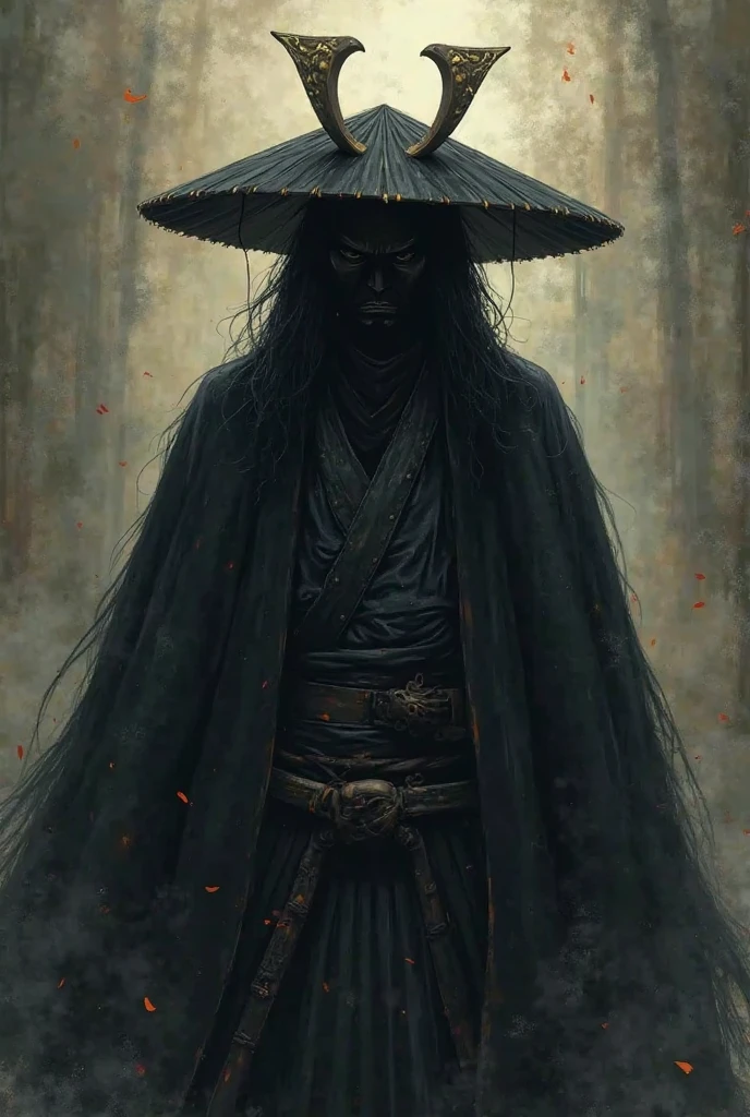 Samurai, black oriental hat with tiny horn, full sad mask, black cloak ...