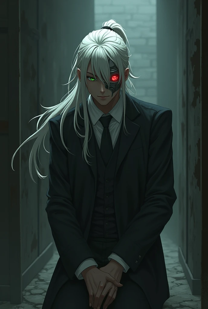 Anime male character, white ponytail hair, green eyes, slightly hunched ...