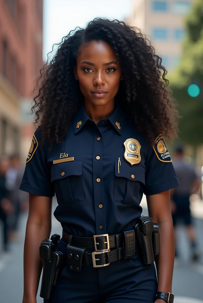 Black woman police officer with long curly hair. Nom sur insigne ELA ...