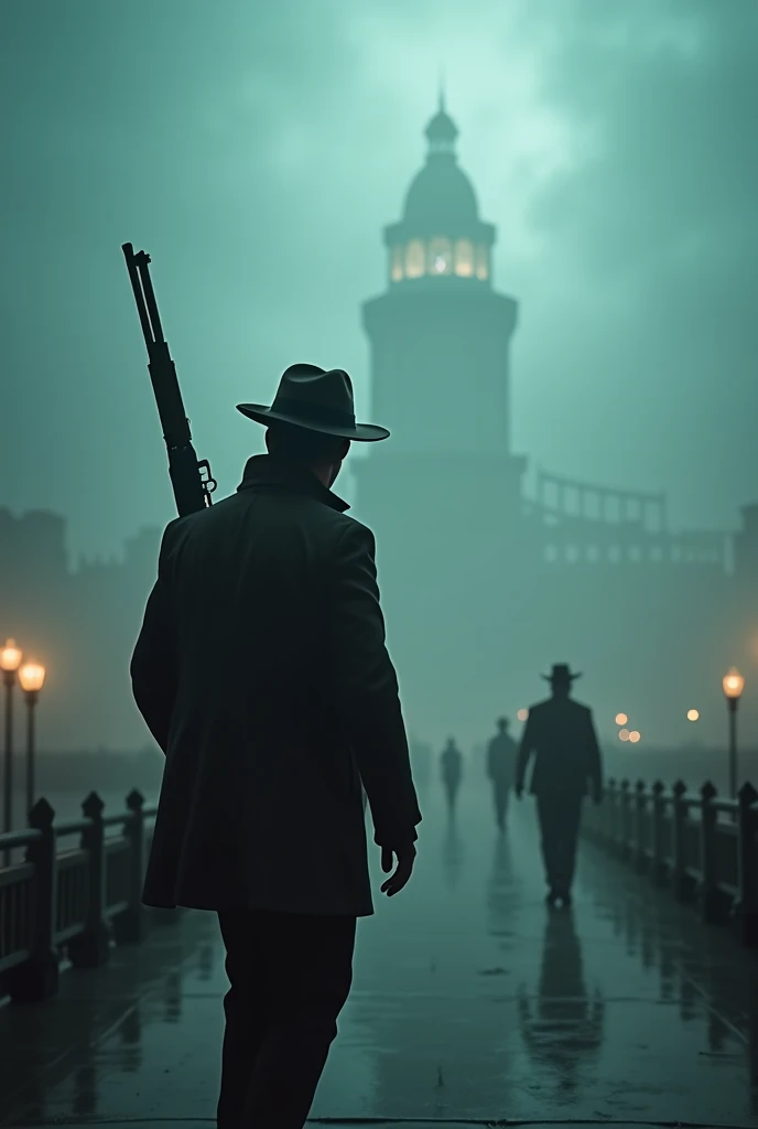 The cinematic silhouette of the man wearing a fedora hat carrying an ...