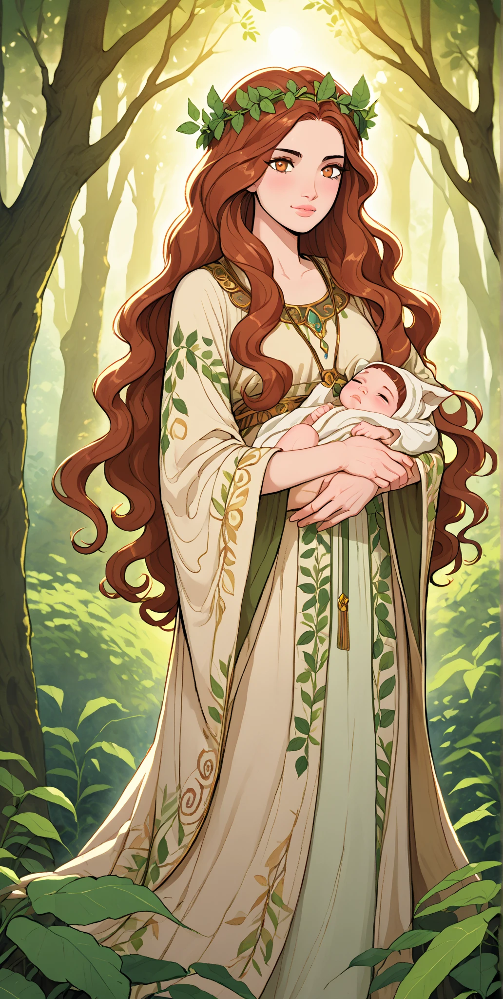 Rhea, a nurturing and protective goddess, her soft, motherly gaze ...