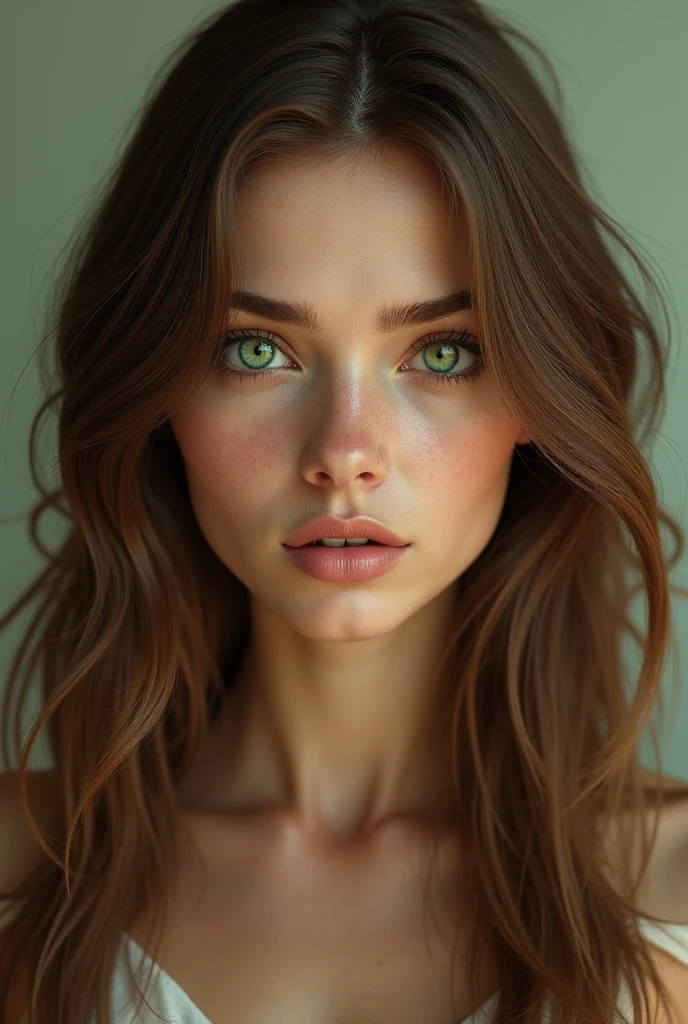 A 25 year old brunette white woman with naked green eyes - SeaArt AI