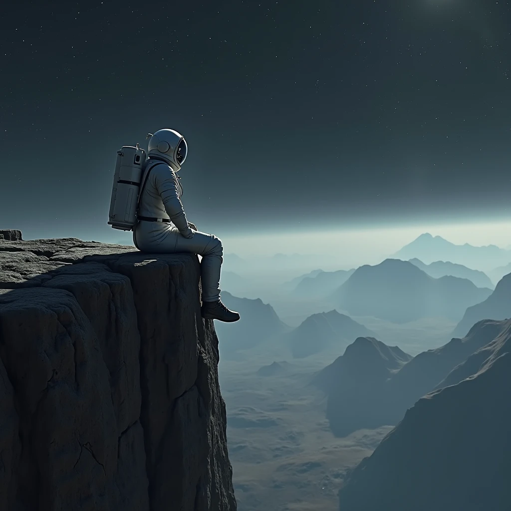 Astronaut sitting on a cliff with her back turned looking into space ...