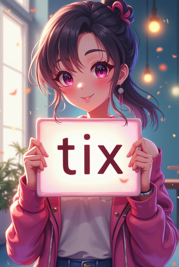 AN ANIME-STYLE WOMAN HOLDING A SIGN WITH THE WORD "tix ". - SeaArt AI