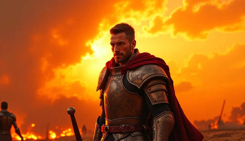 A stoic warrior in full armor, holding his sheathed sword, calmly ...