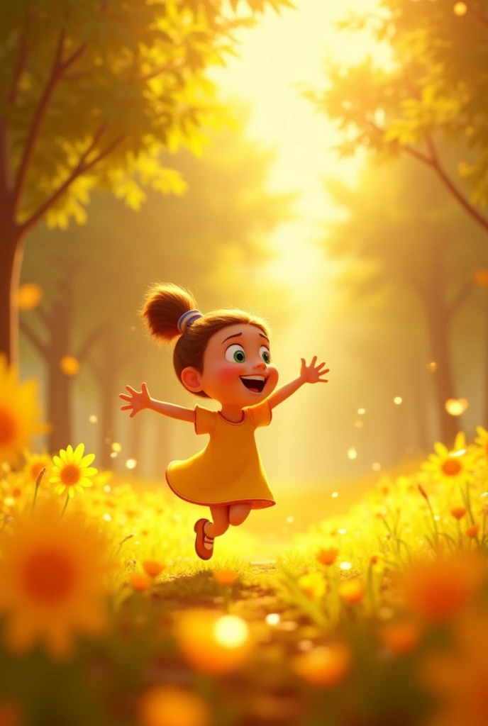 Create a Disney Pixar style wide shot of Lily skipping joyfully toward ...